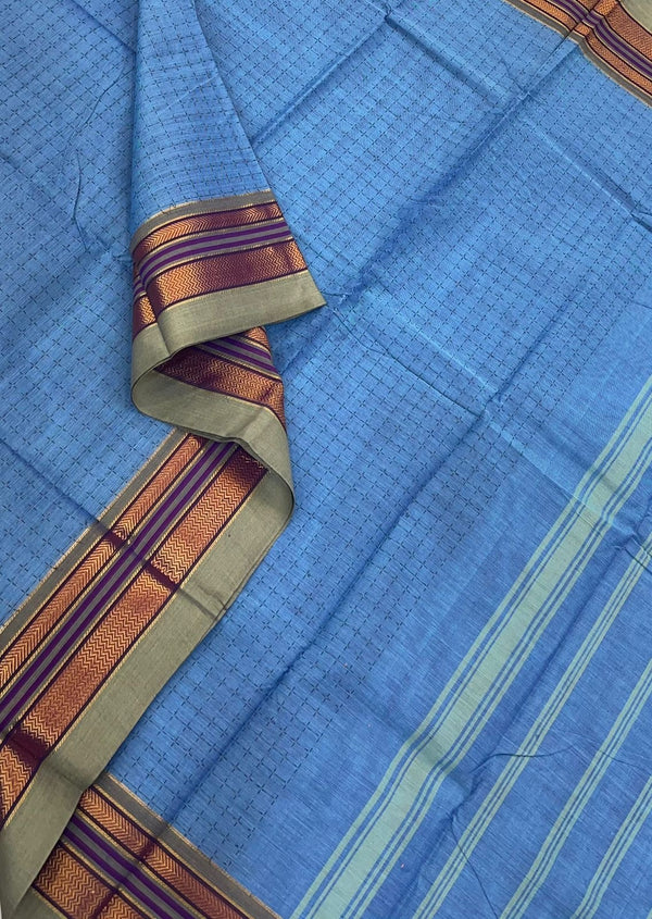 Kanchi soft cotton |zari border X plus BUTTA| blue x green – nakavindhini