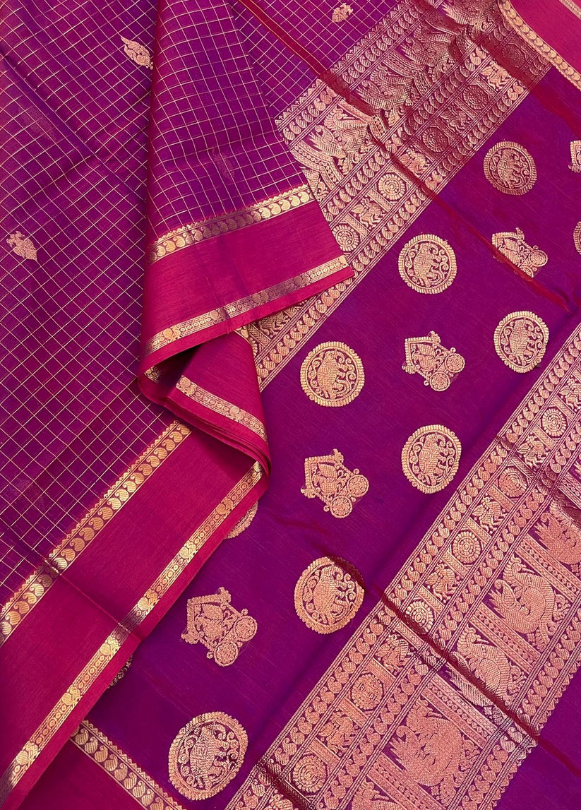 Kanchi Silk Cotton Sarees | kattam X mayil BUTTA | dark majenta x rett ...